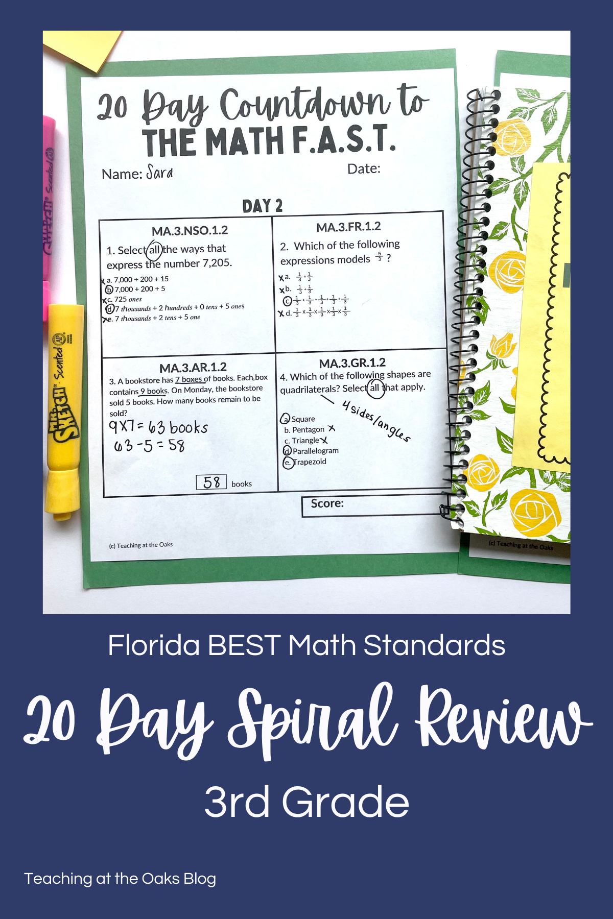 3rd Grade 20 Day Spiral Review for the Florida BEST Math Standards ...